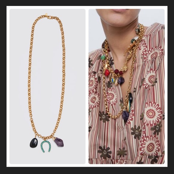 Zara | Jewelry | Zara Large Gold Chain Necklace With Charms Horseshoe ...